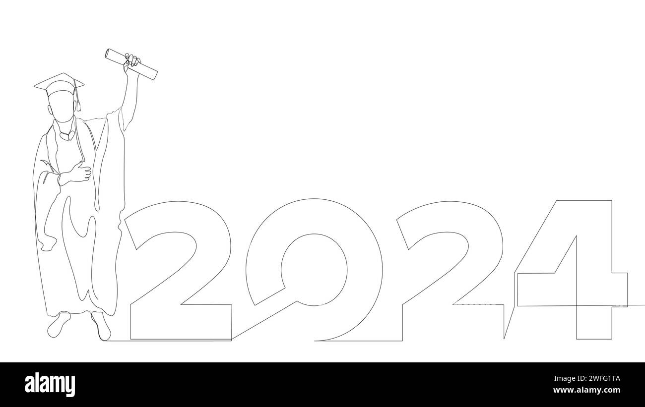 One continuous line of university student graduation with number 2024 ...