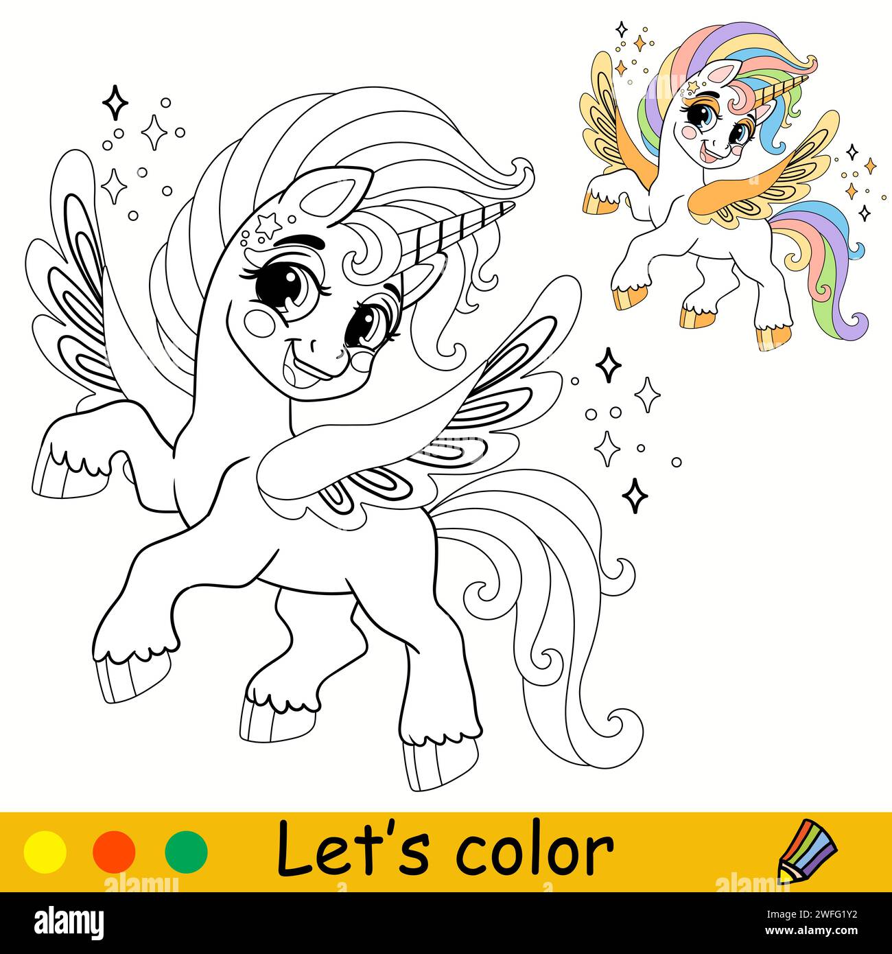 Cartoon cute magic unicorn. Kids coloring book page. Unicorn character ...