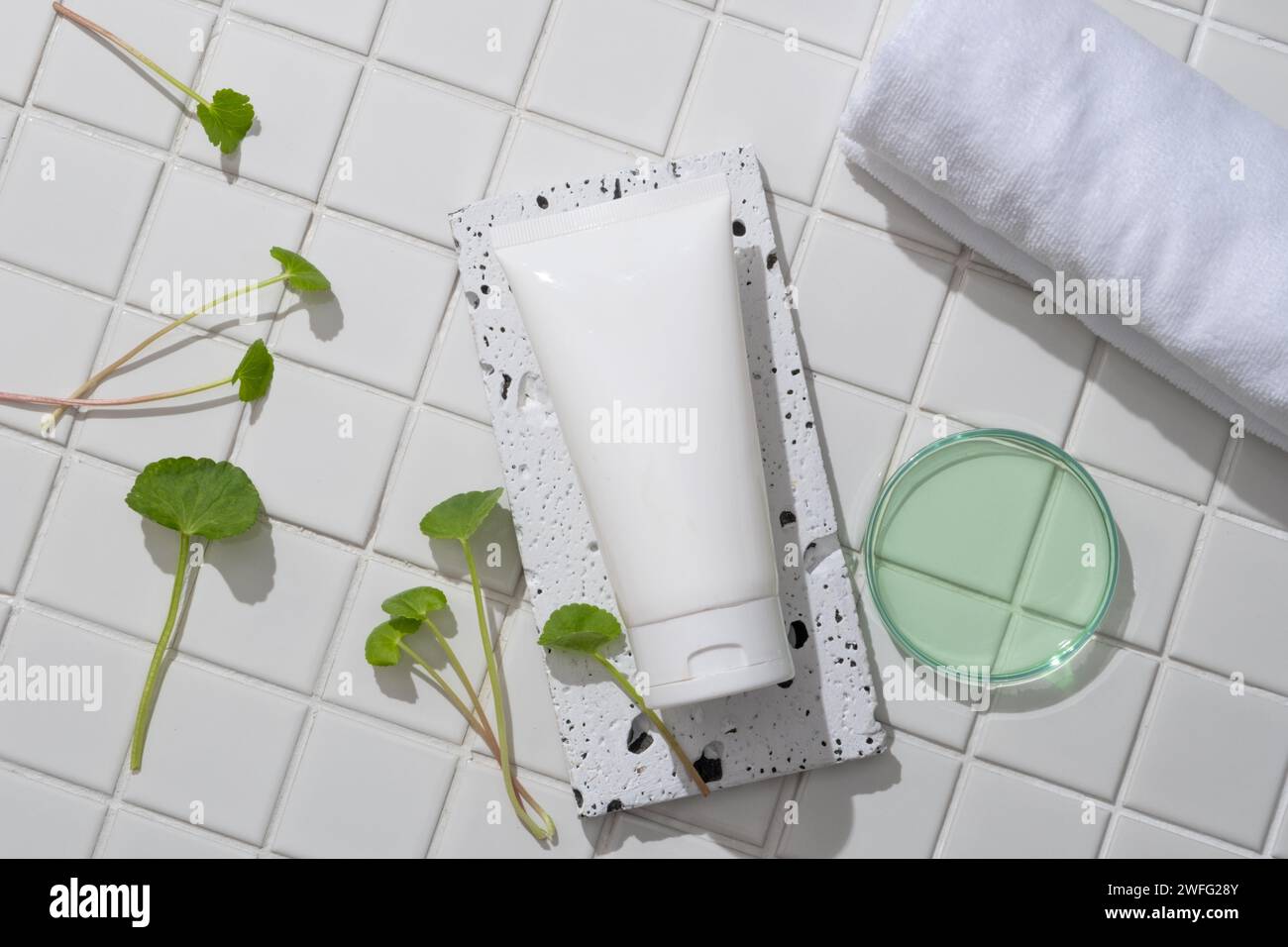 White tube without label placed on a stone podium, rolled towel, petri ...