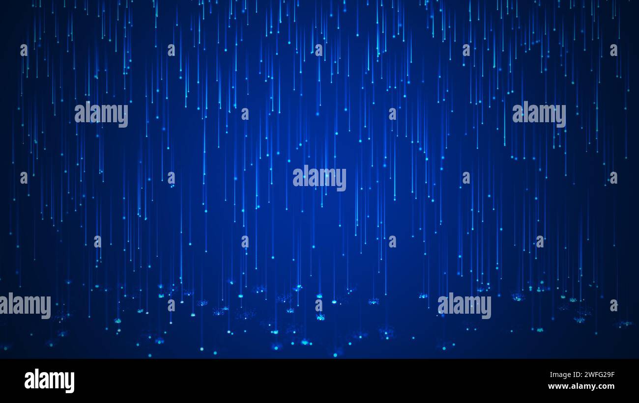 Digital rain with falling glowing particles, neon light particles, abstract light background ...