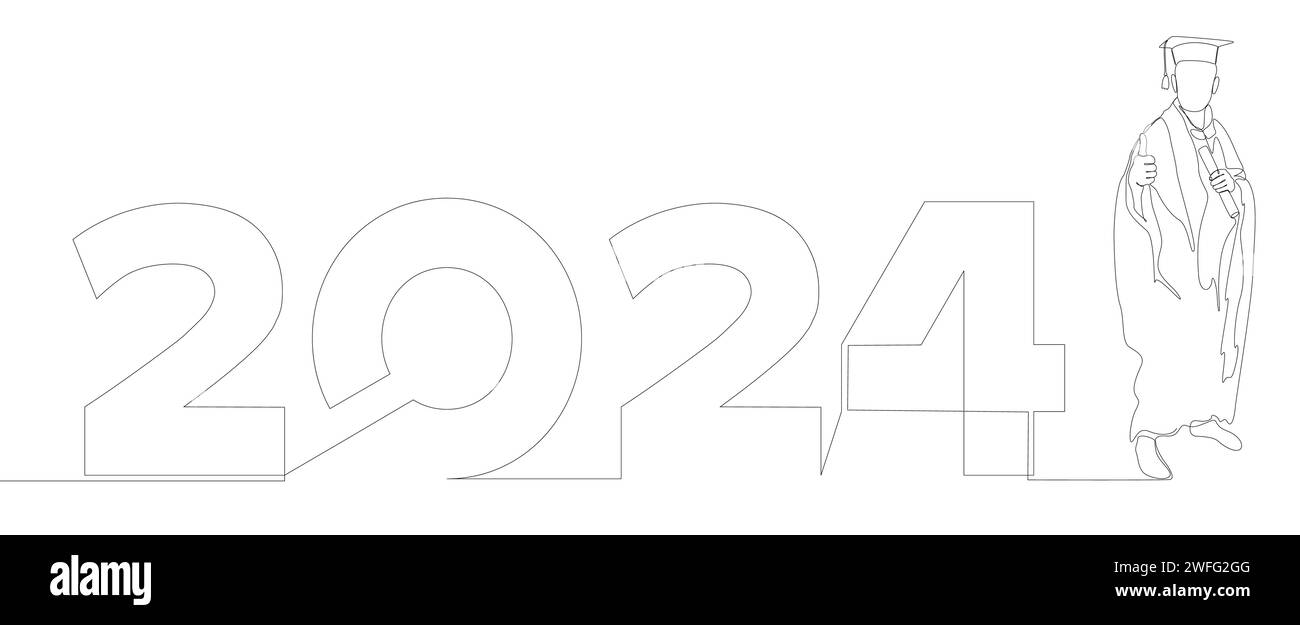 One continuous line of university student graduation with number 2024 ...