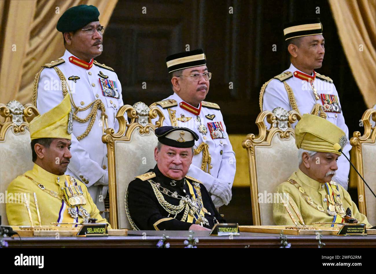 Sultan Ibrahim Sultan Iskandar, front center, attends the oath taking ceremony as the Malaysia’s ...