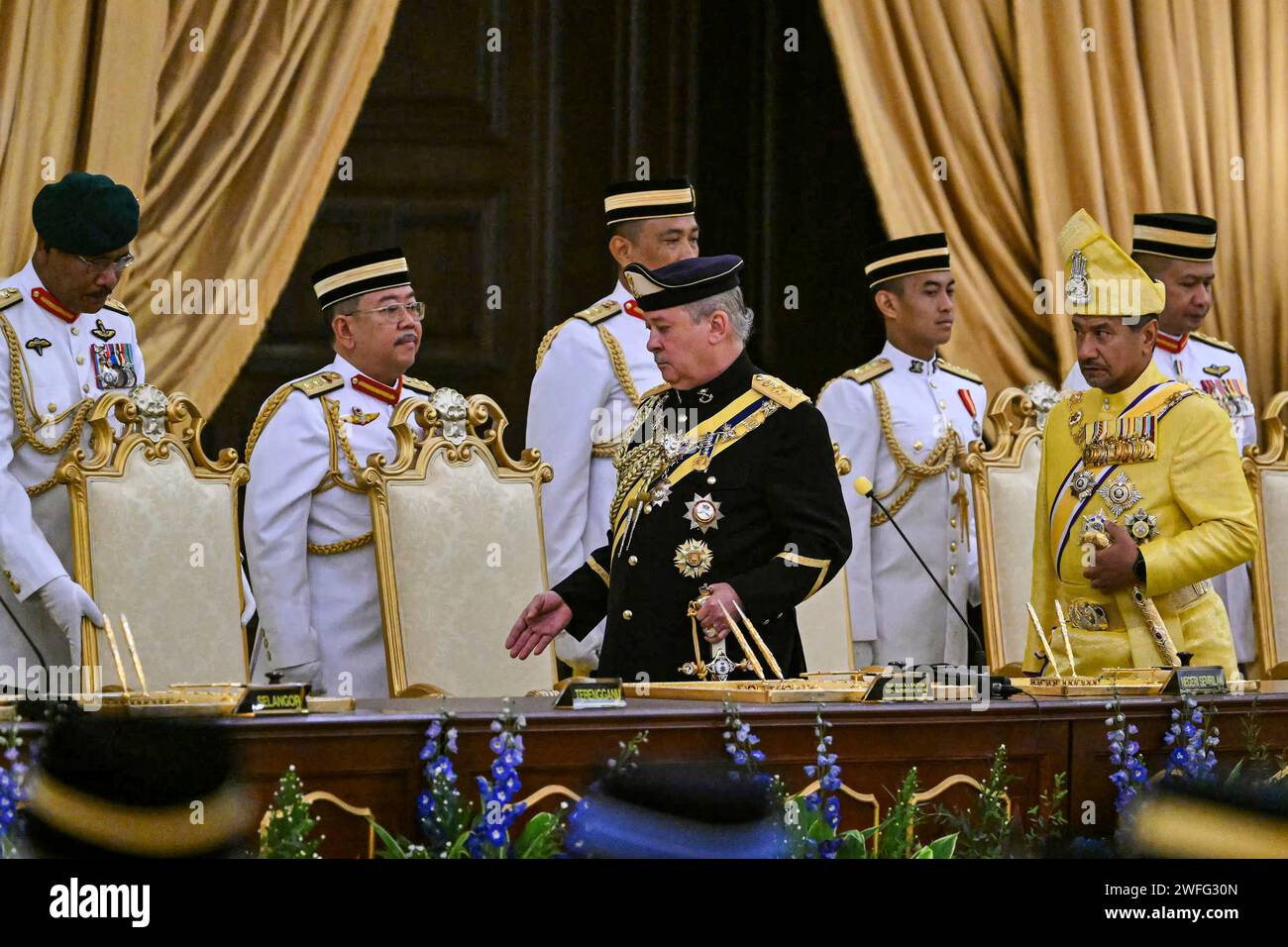 Sultan Ibrahim Sultan Iskandar, center, arrives for the oath taking ceremony as the Malaysia’s ...