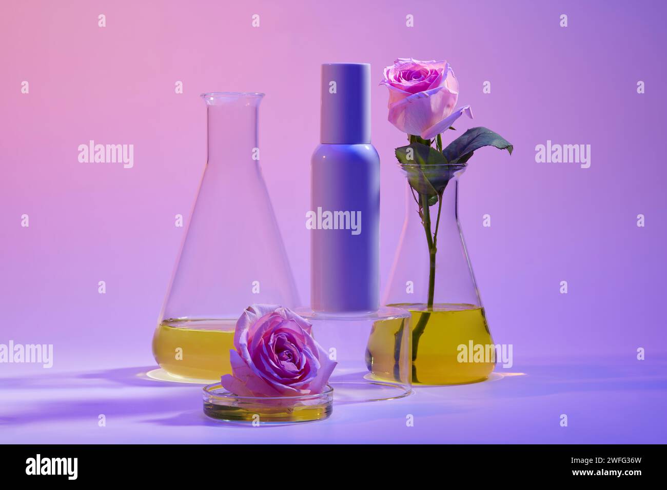 Unlabeled cosmetic container placed on a podium, glass petri dish and ...