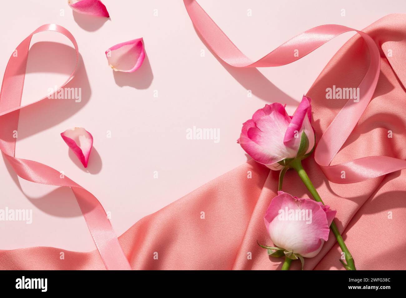 Roses are placed on an elegant fabric in pink color with pink ribbons ...
