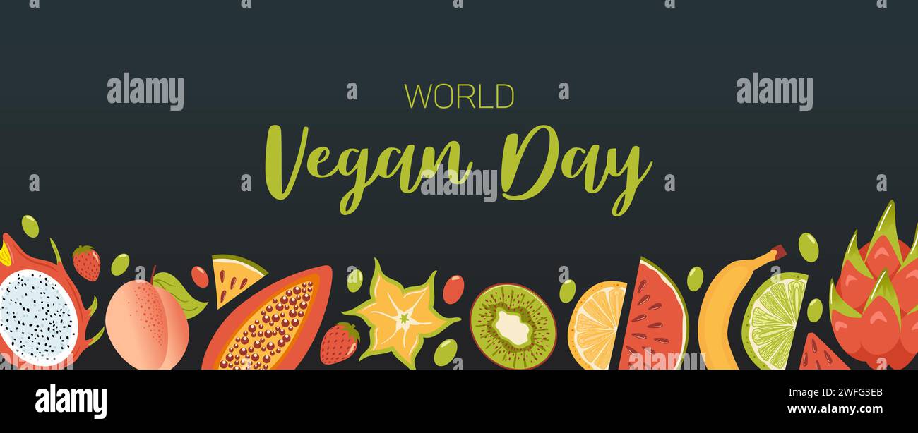 World vegan day. Banner in cartoon style. A Horizontal border of fresh ...
