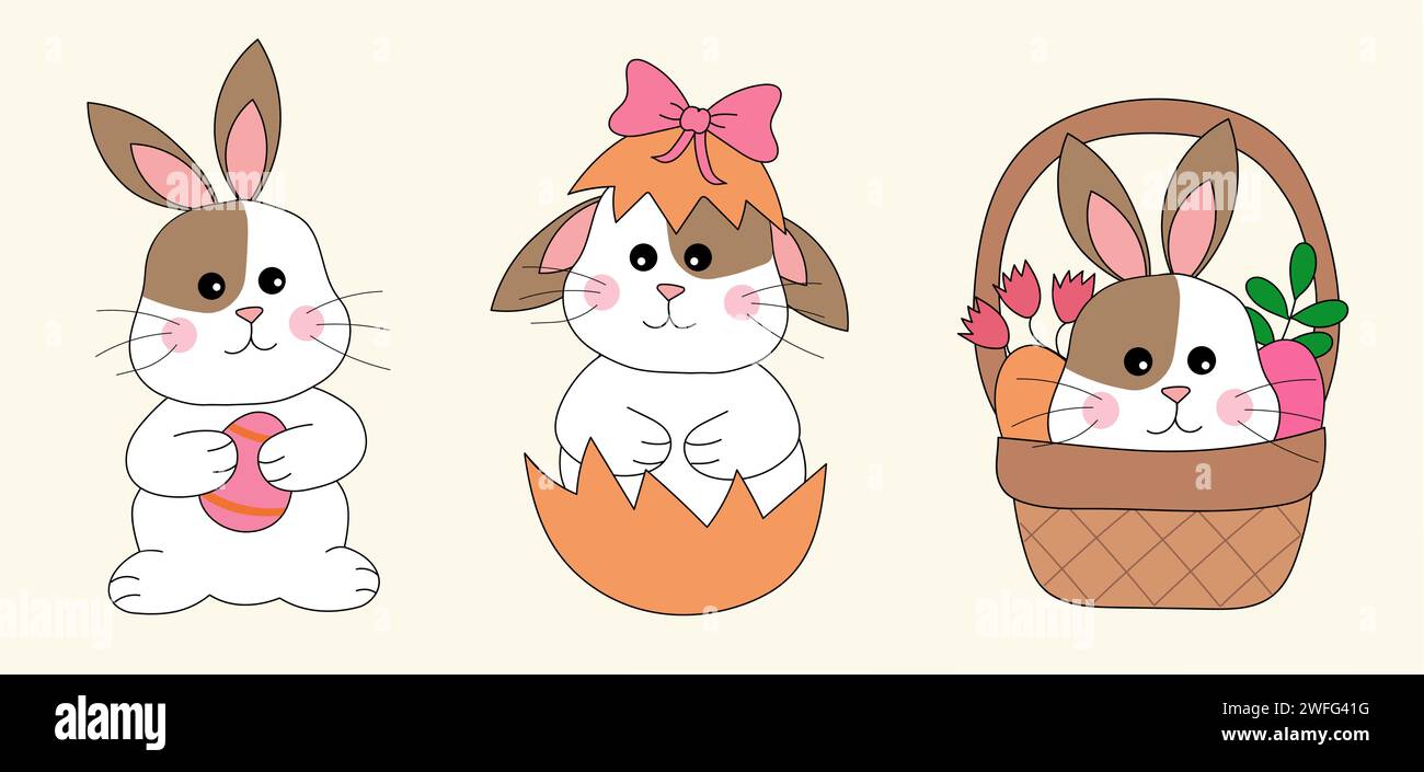 Easter Bunny Rabbits Set. Rabbit in basket, with Easter egg, sits in ...