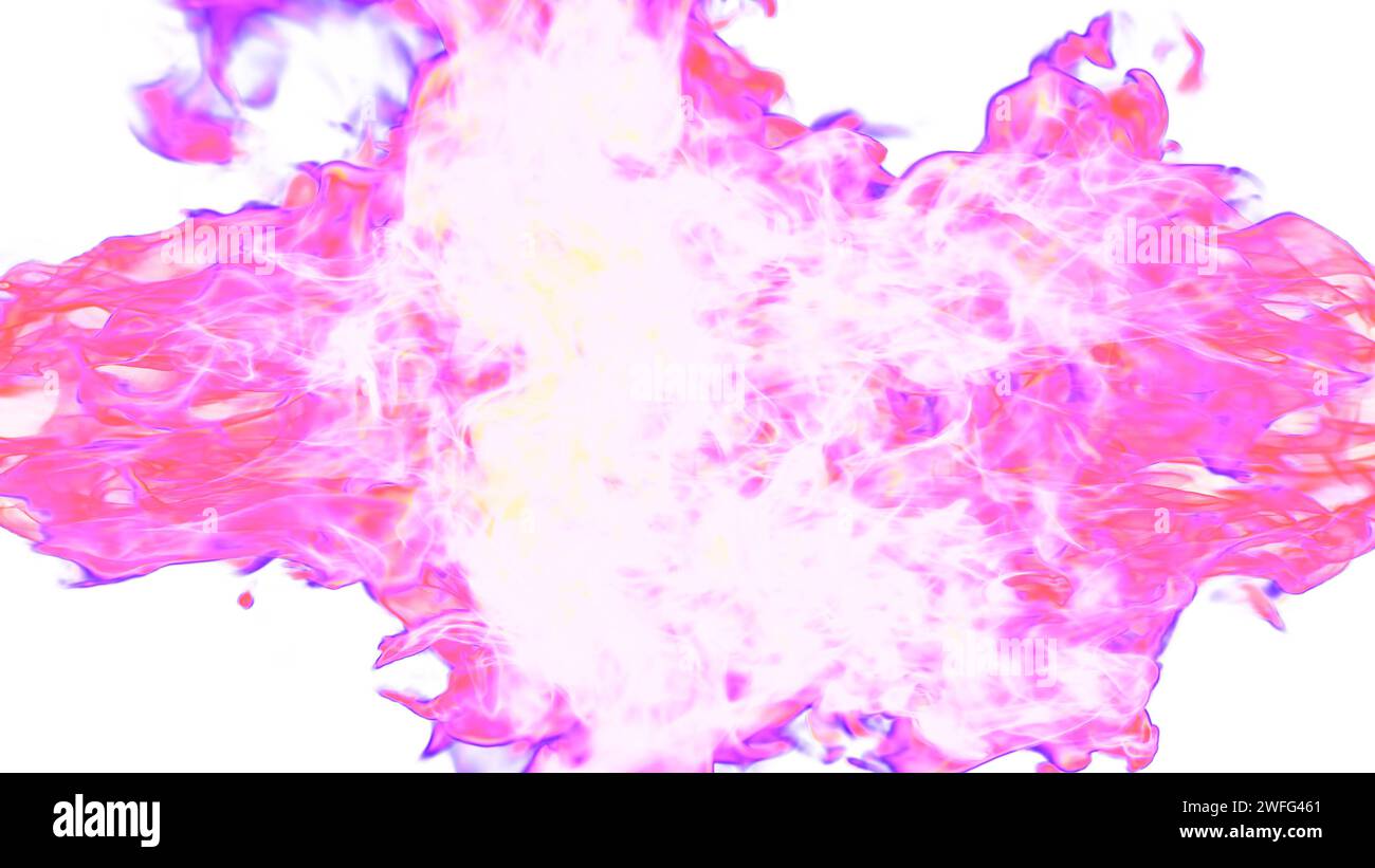 3d illustration. Tongues of pink flame collide from opposite sides on a ...