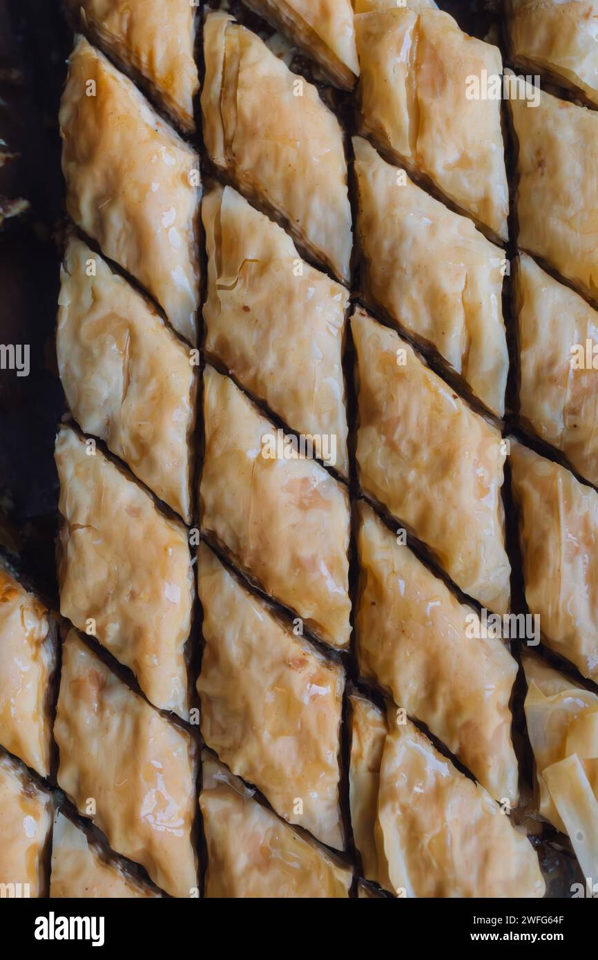 top down view of homemade middle eastern baklava dessert cut into ...