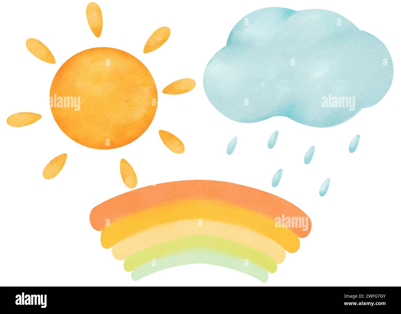 Watercolor set. a bright sun, a rainy cloud, and a colorful rainbow in ...
