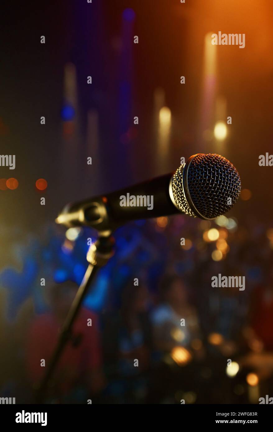 Microphone, closeup and stage performance in theater with sound ...