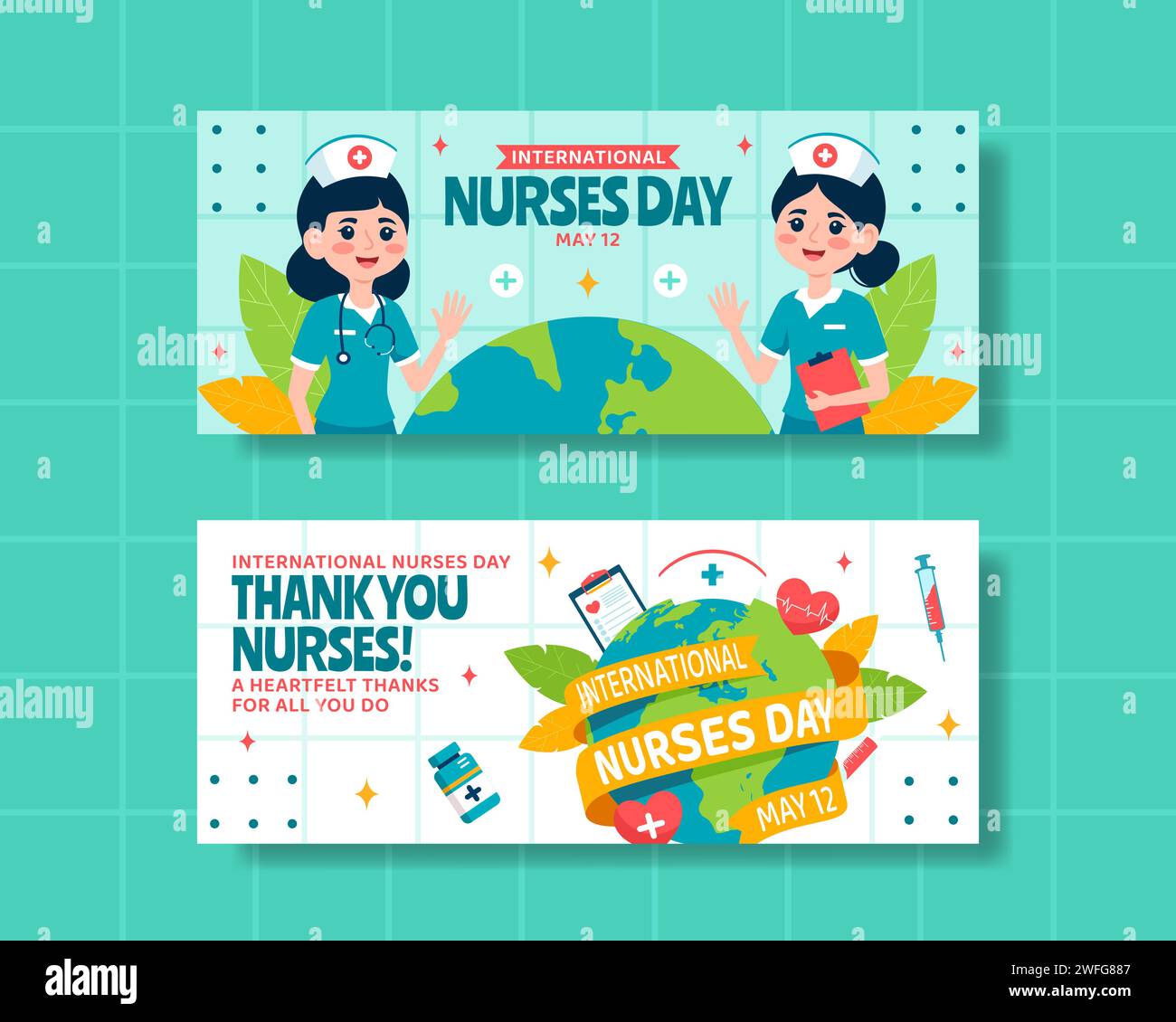 Nurses Day Horizontal Banner Flat Cartoon Hand Drawn Templates ...