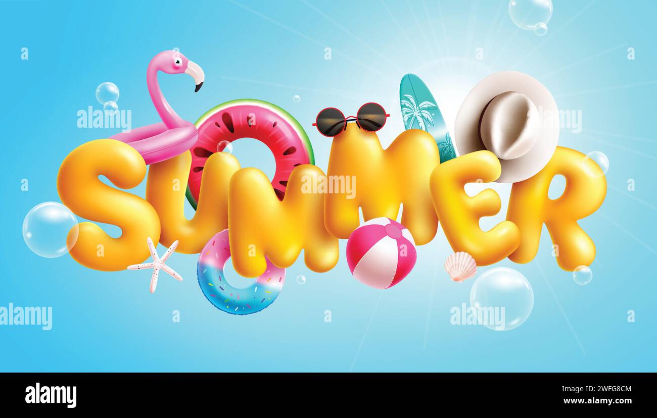 Summer 3d text vector design. Summer yellow title font with flamingo ...