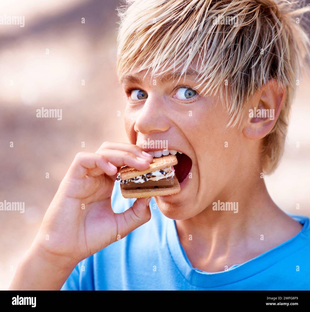 Child, portrait and marshmallow smores or outdoor for dessert snack ...
