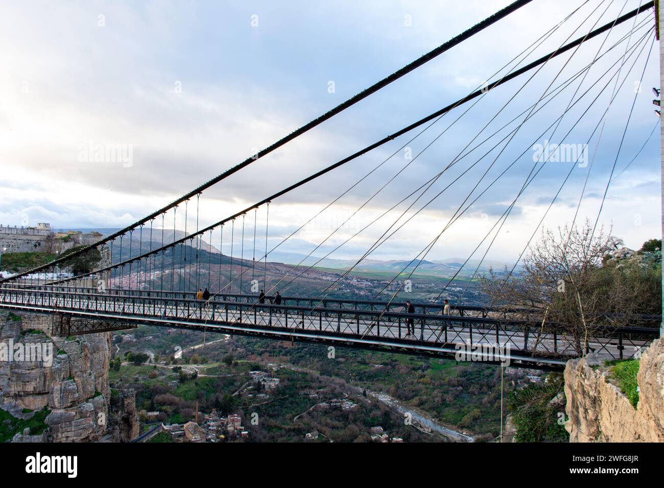 High-angle view of Sidi M'Cid Bridge the suspension bridge across the ...
