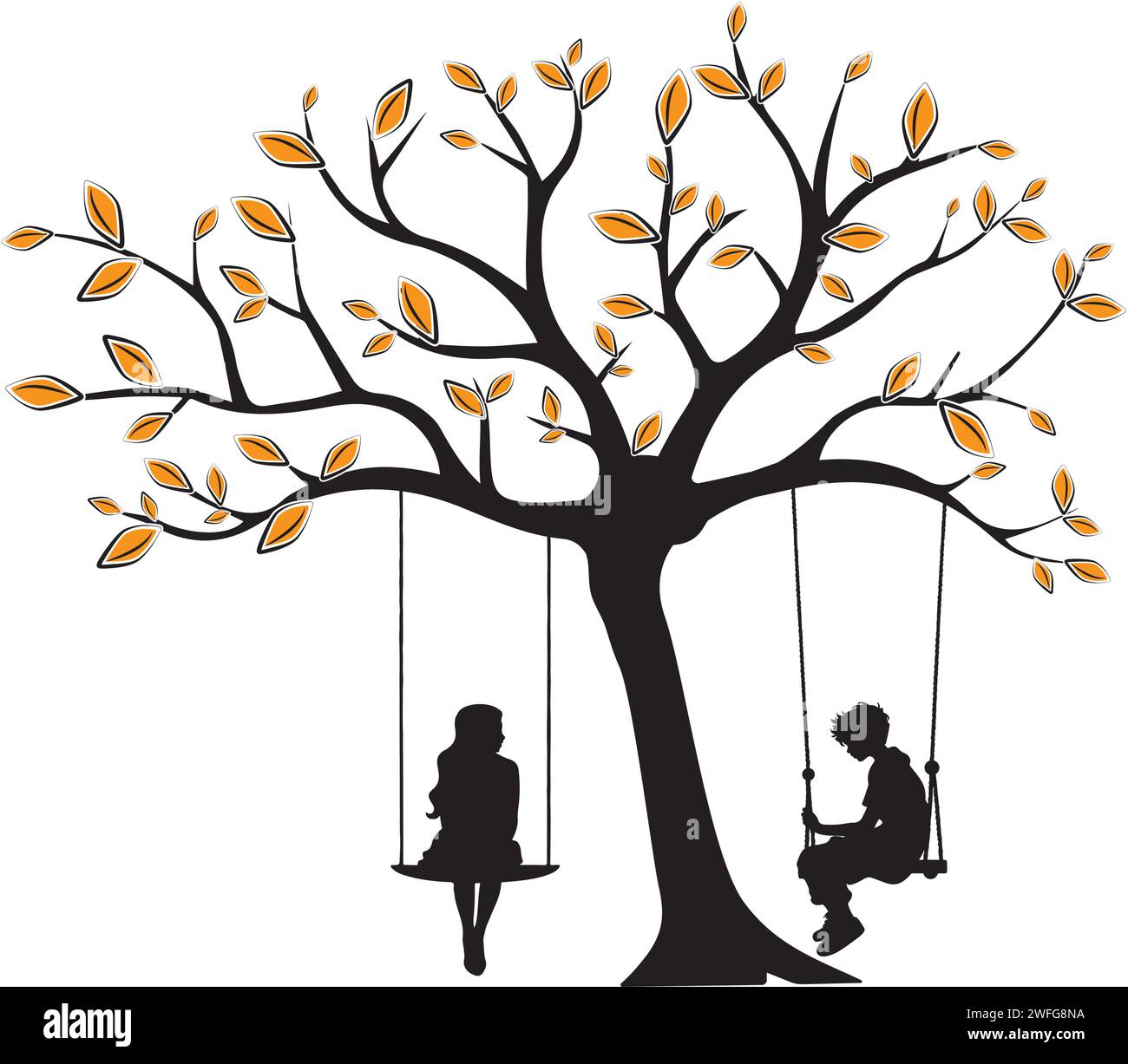 Girl and boy on a swing on branch on sunset, vector illustration. Girl ...