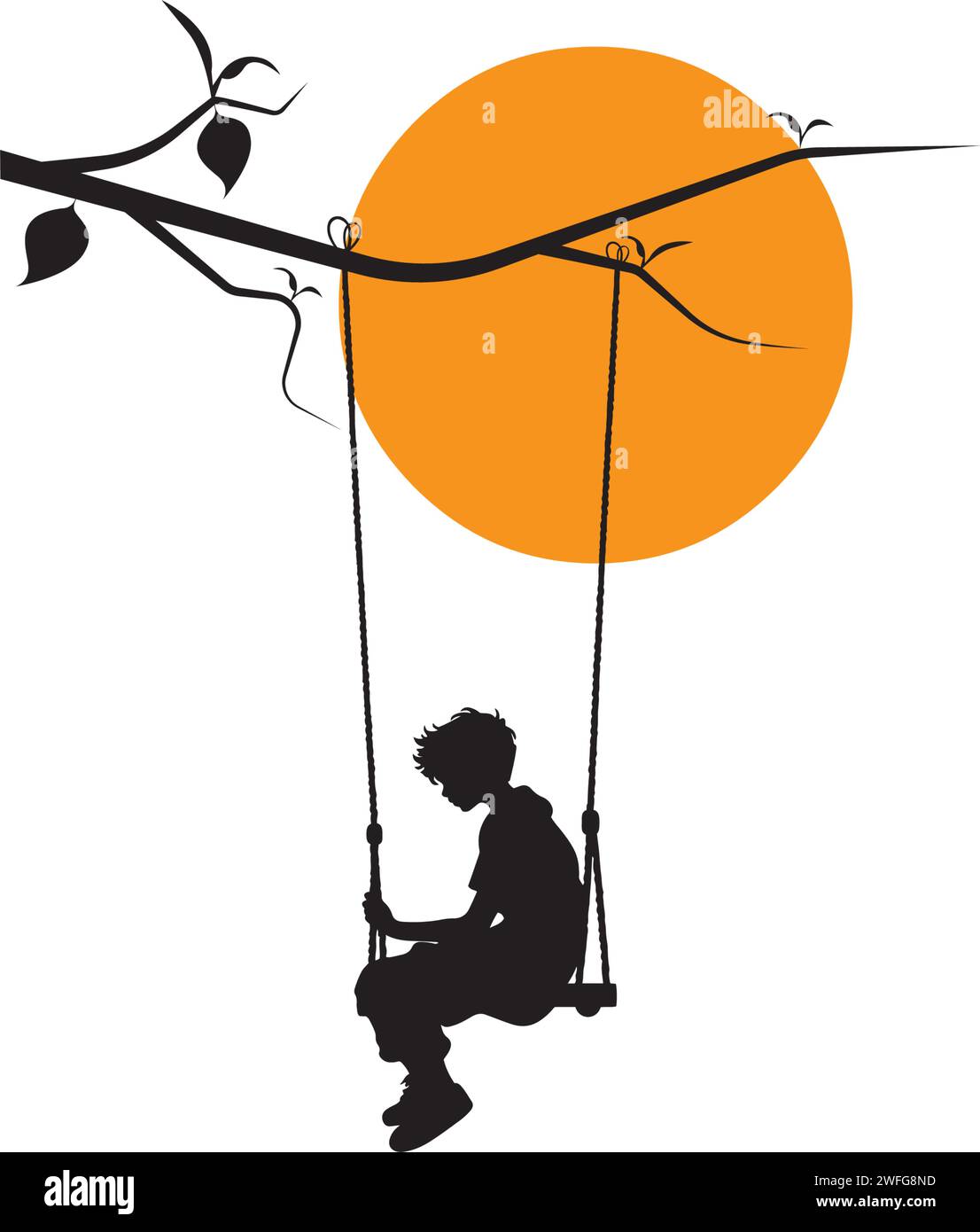 Boy on a swing on branch on sunset, vector illutration. Boy silhouette ...