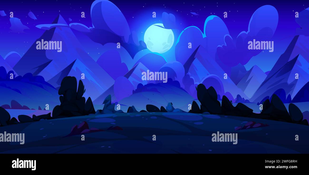 Night mountain valley with moon glowing in clouds. Vector cartoon ...