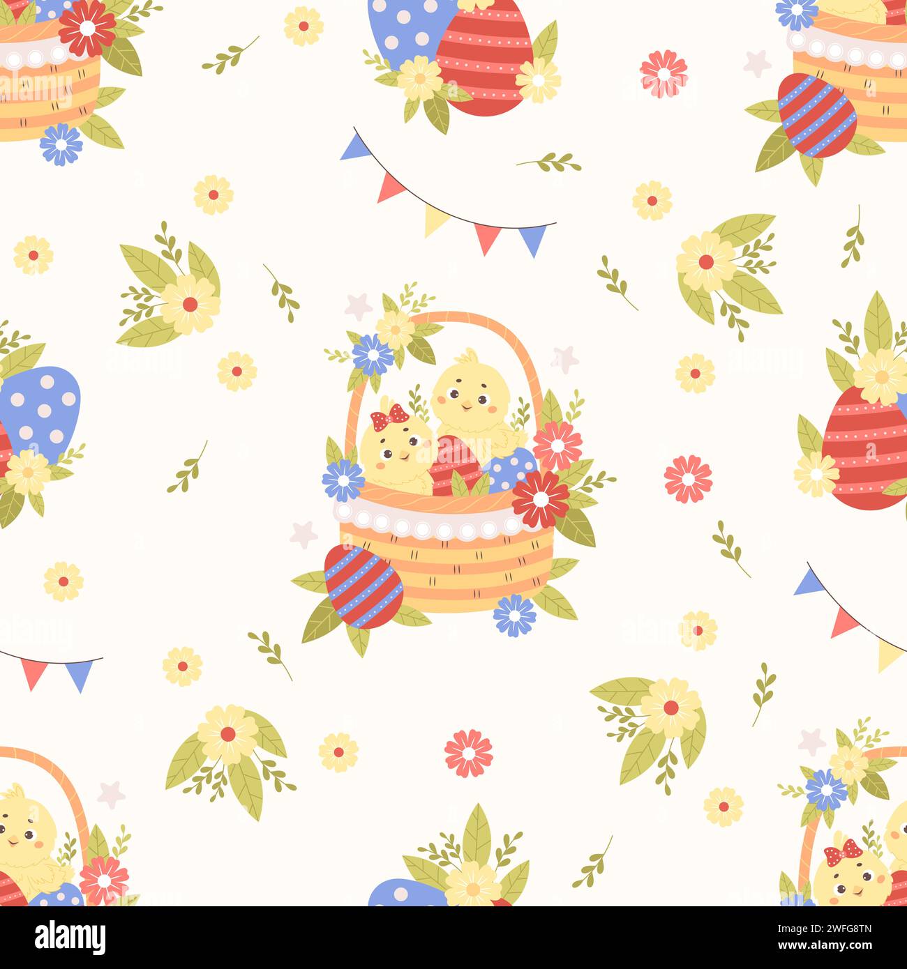 Seamless pattern with little cute chicks in Easter basket with eggs and flowers on white ...