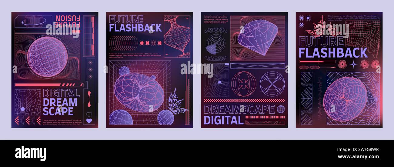 Banner design layout set in trendy retro y2k style with geometric ...