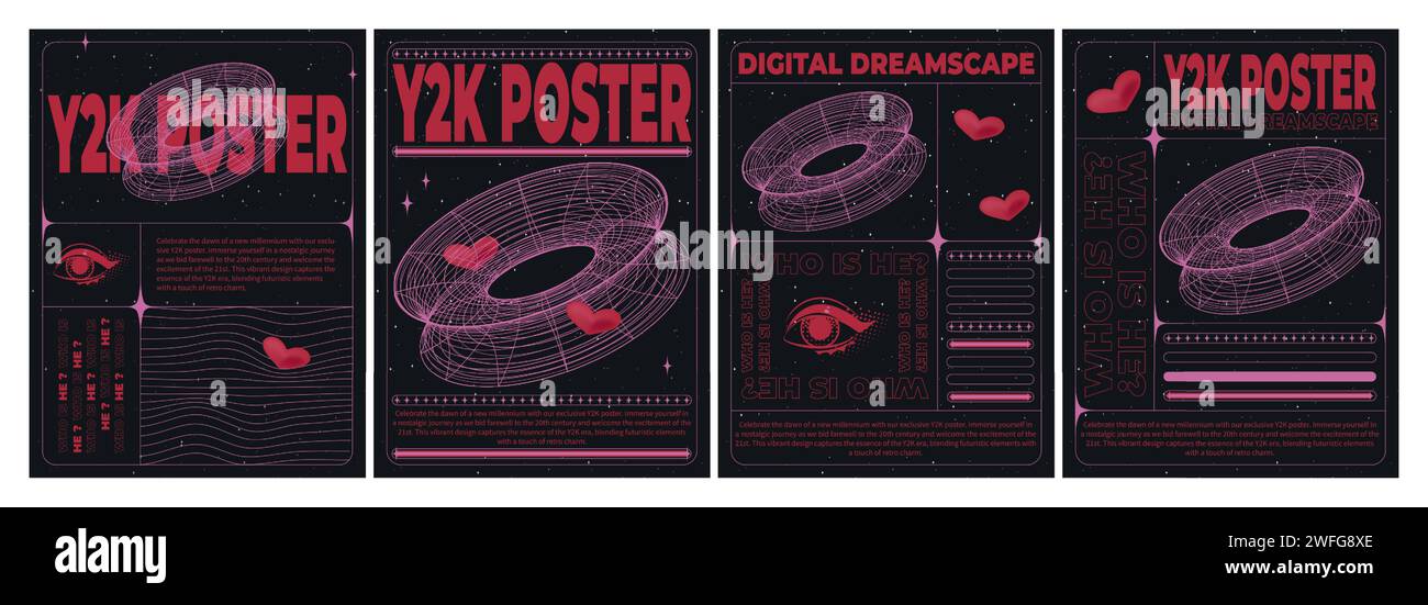 Retro futuristic aesthetic flyers set. Vector realistic illustration of y2k vibe black ...
