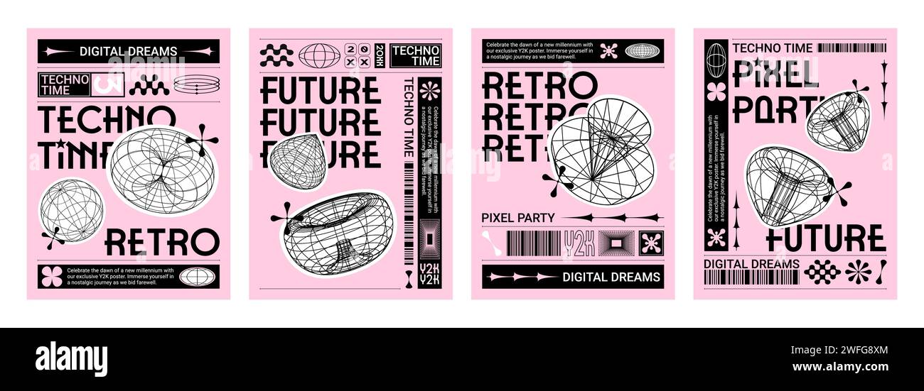 Y2k style techno banners set. Vector realistic illustration of retrowave aesthetic posters with ...