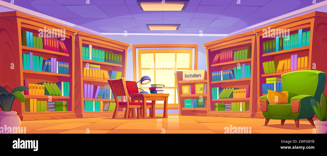 School public library or bookshop interior with wooden cabinet with ...