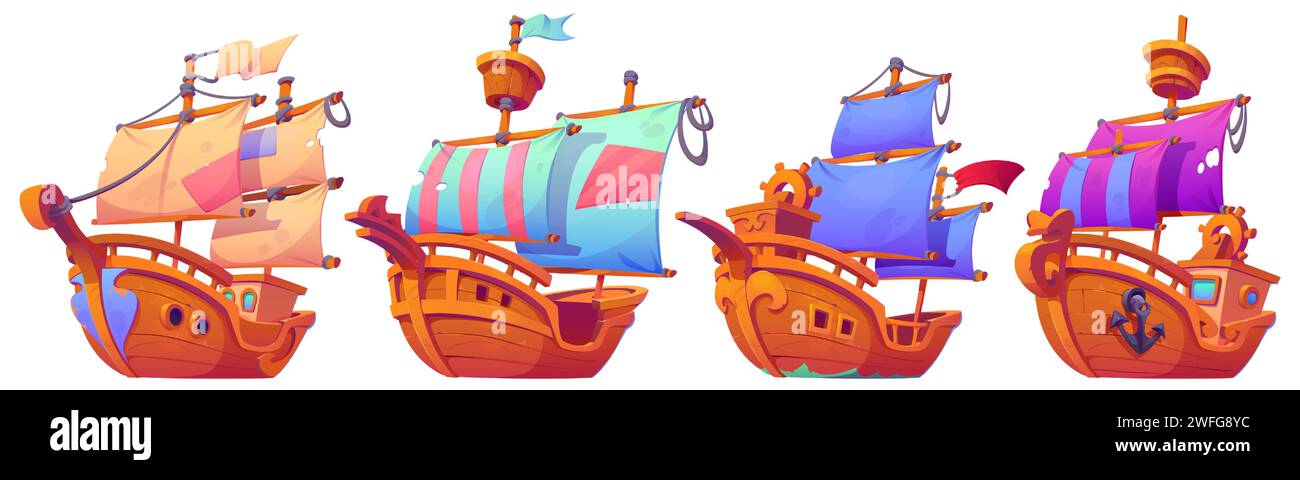 Set of old wooden ships isolated on white background. Vector cartoon ...