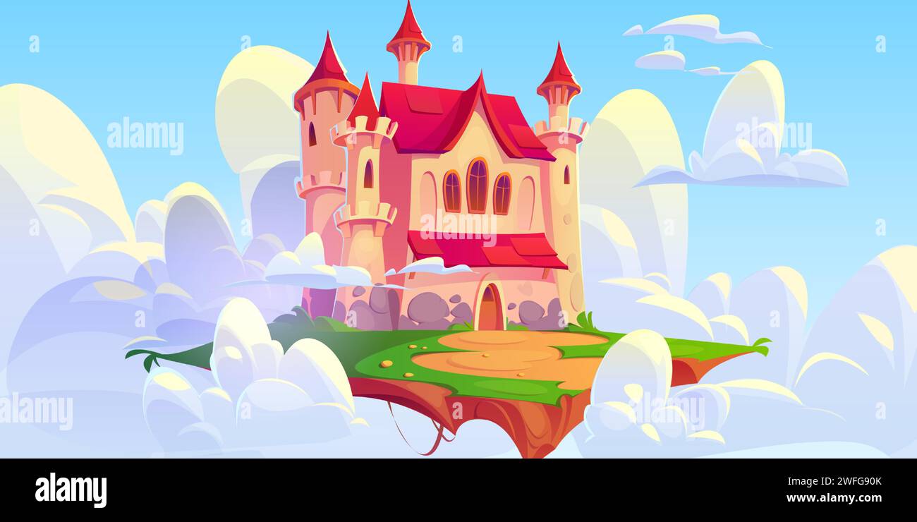 Magic ancient kingdom castle floating on ground platform in sky with ...