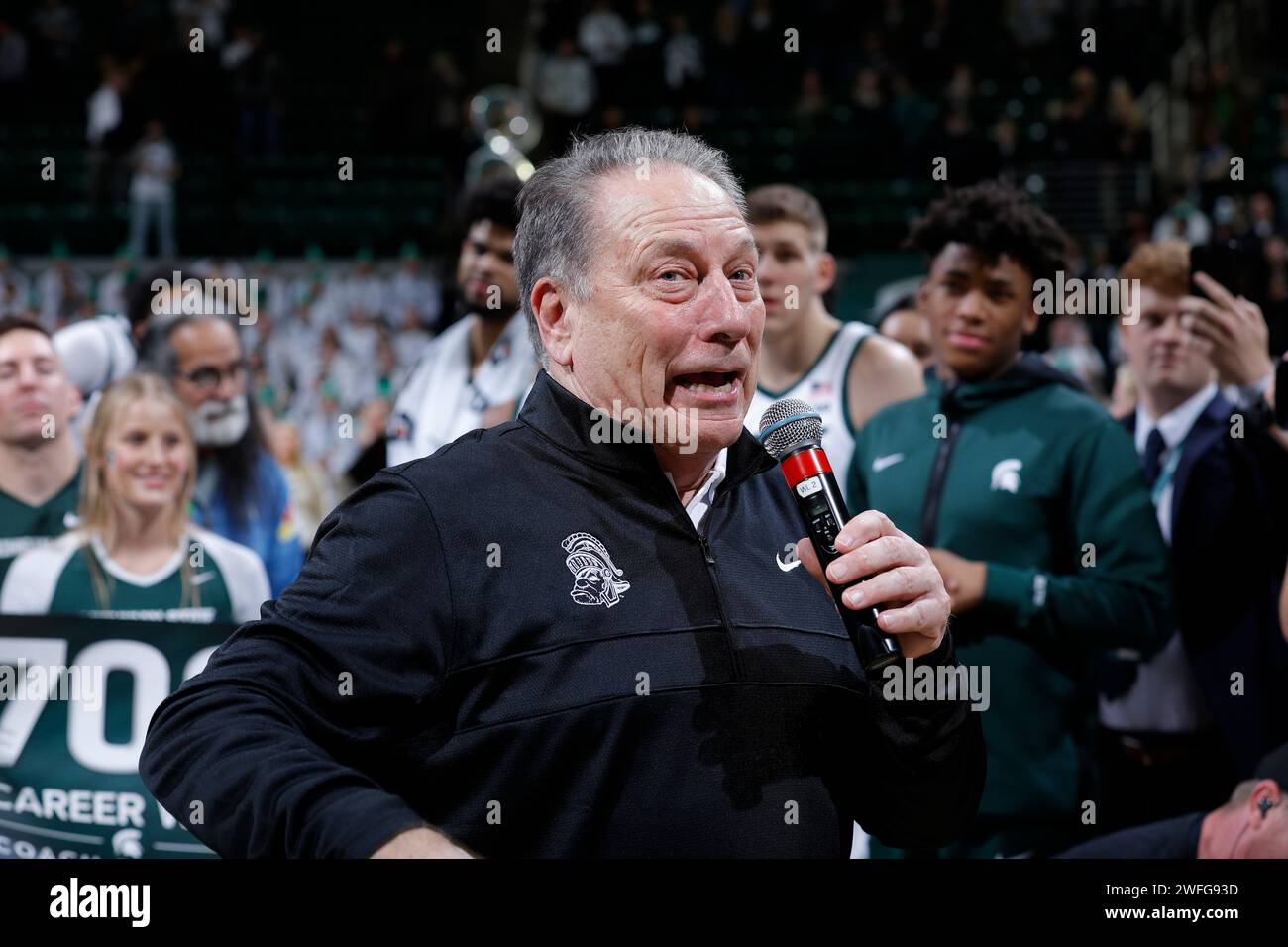 Michigan State coach Tom Izzo talks to the crowd following an NCAA ...