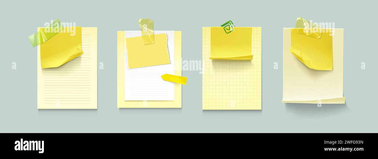 Memo note sticker paper attached with adhesive tape and paperclip. Realistic vector mockup set ...