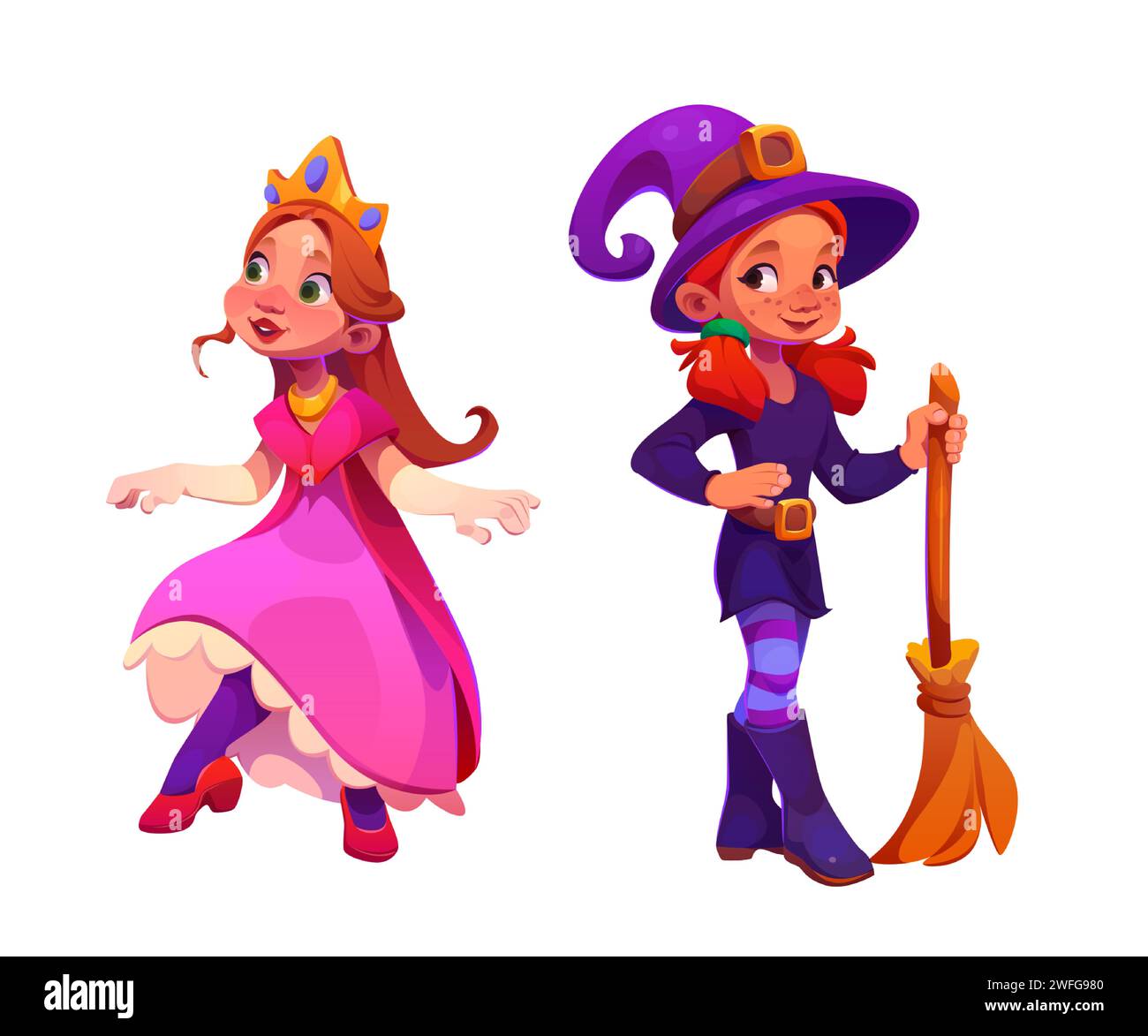 Cute girls in princess and witch costumes isolated on white background ...