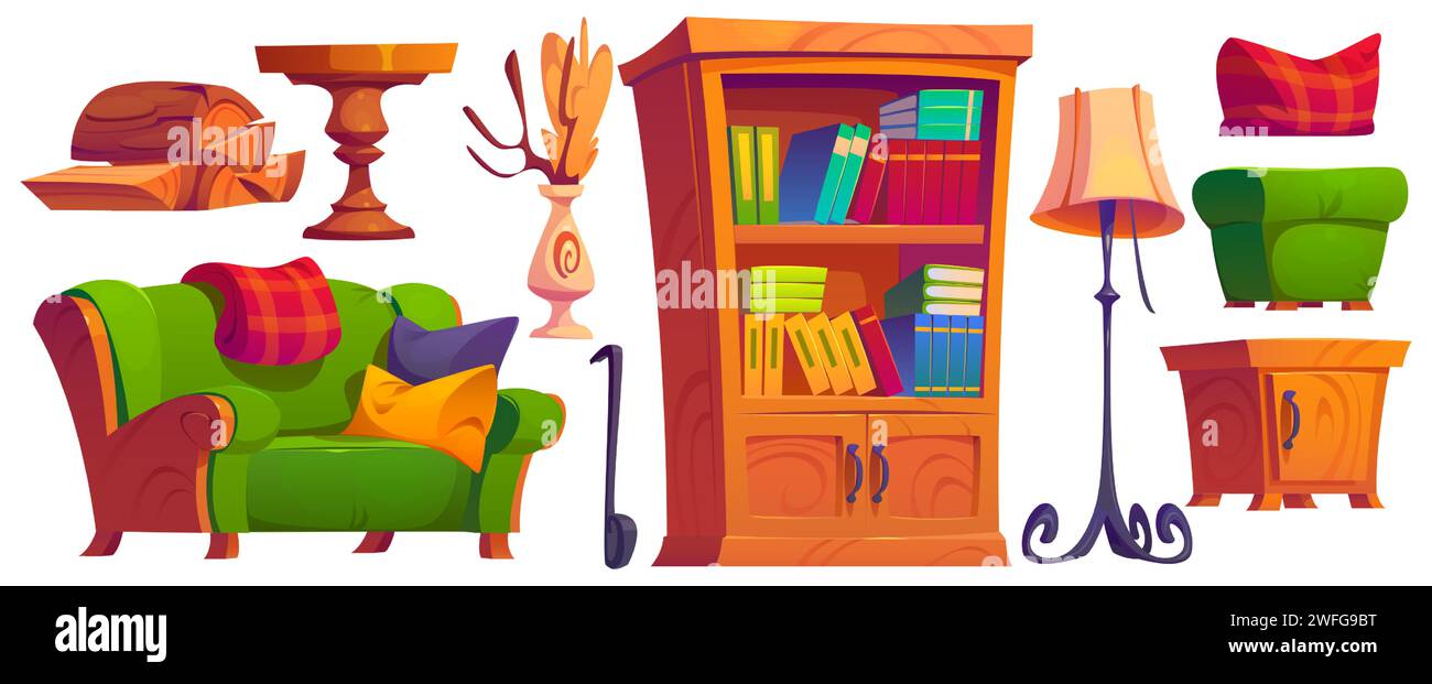 Cozy village cabin interior furniture and decorative elements set. Cartoon vector winter chalet ...
