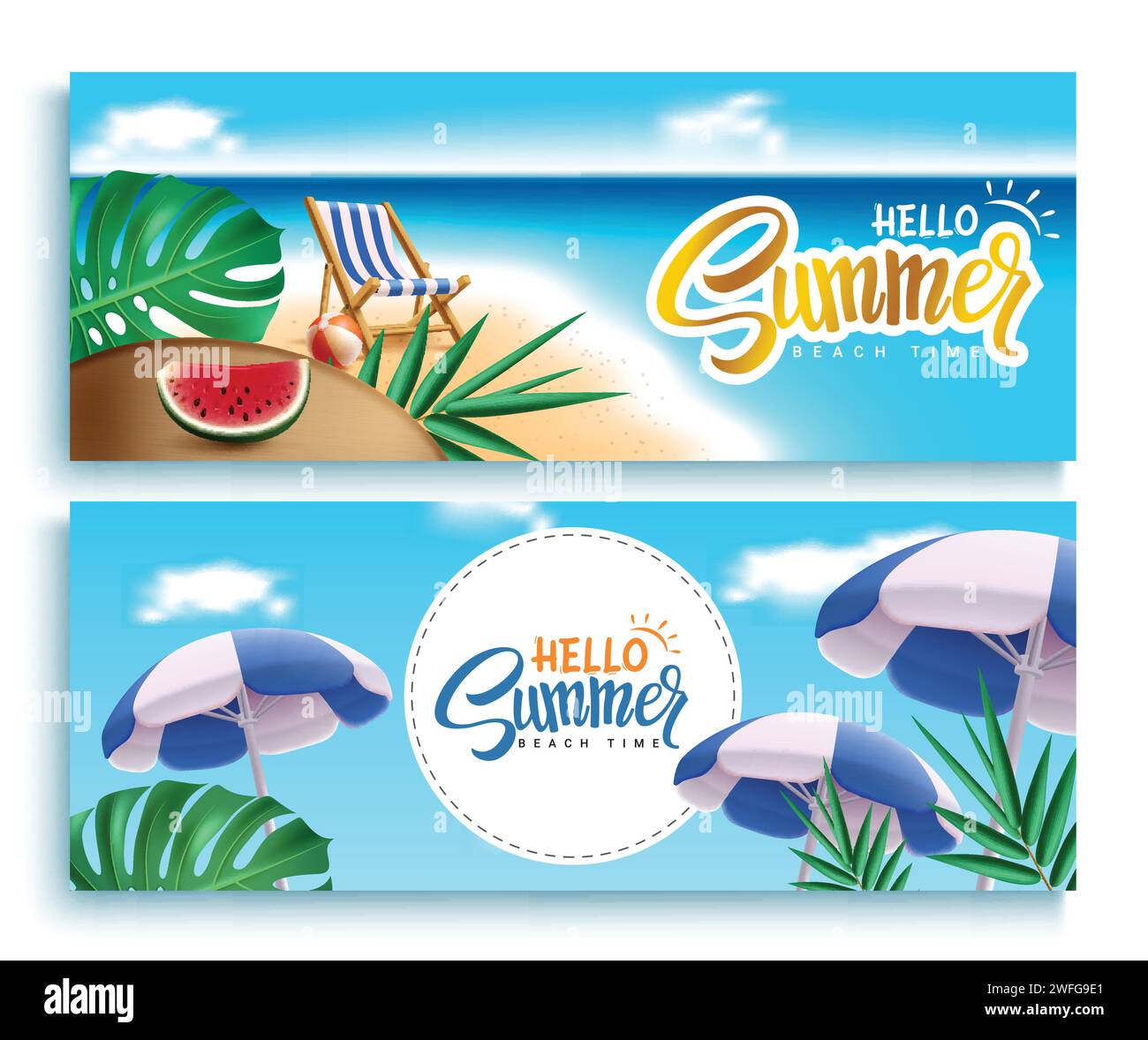Summer hello vector banner set. Hello summer text beach time with chair ...