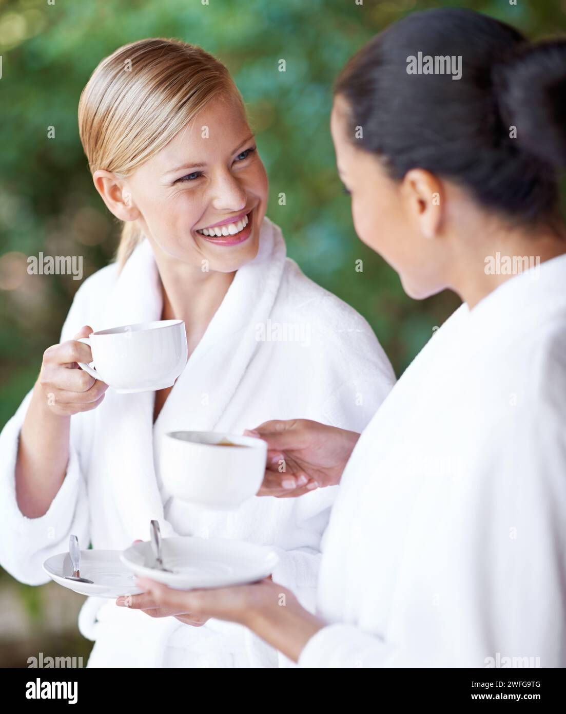 Spa, friends and happy women drinking coffee for health, wellness and ...