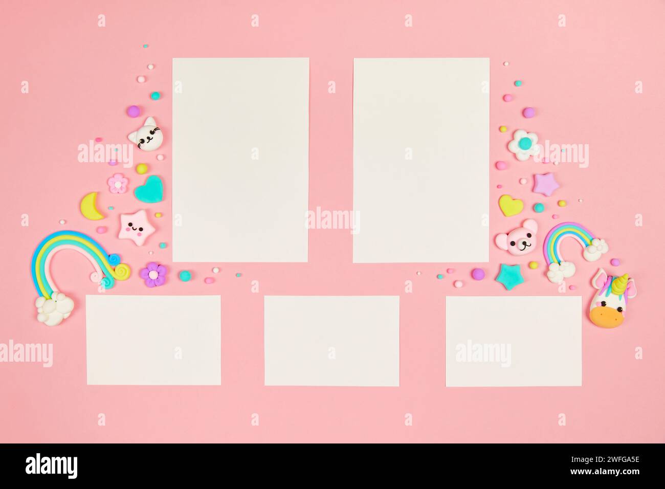 Set of five blank white cards on pink background with kawaii cartoon ...