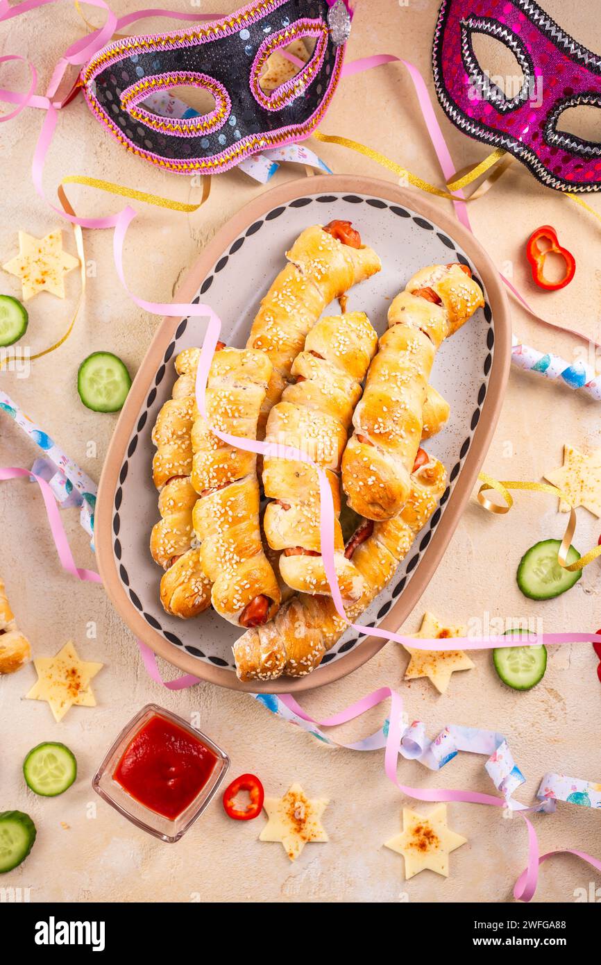 Pig in blanket, long sausages wrapped in yeast dough - traditional ...