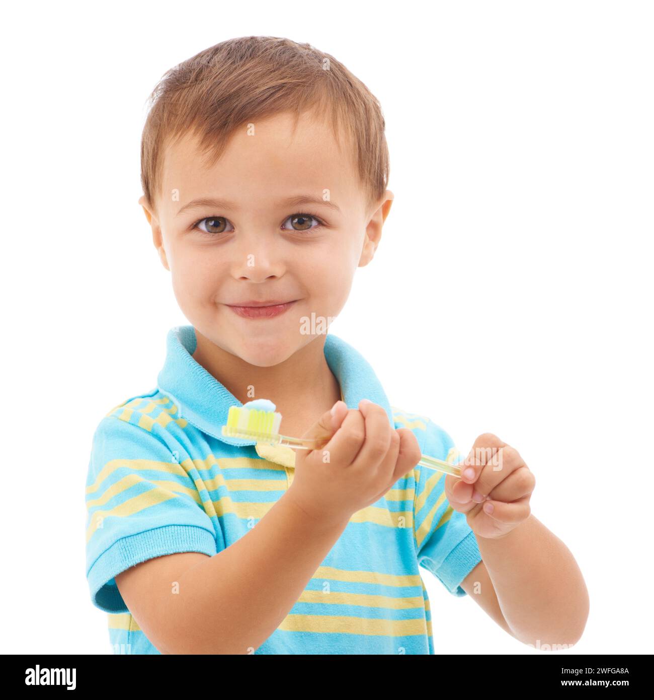Boy kid, toothpaste and toothbrush for portrait in studio with smile ...