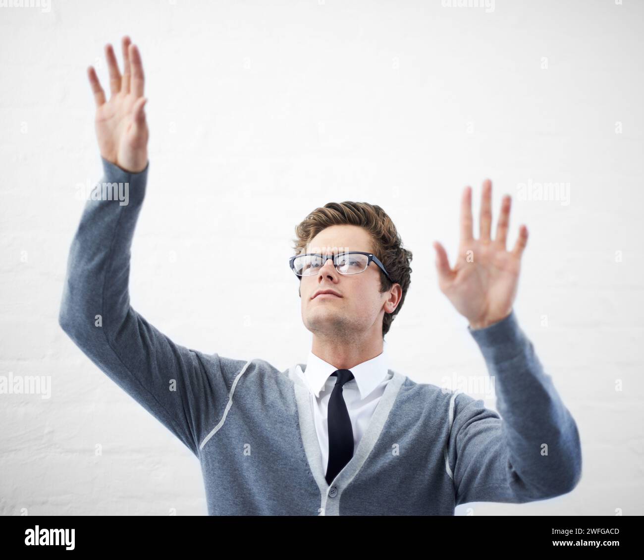 Man, designer and invisible screen with planning, idea and vision with ...