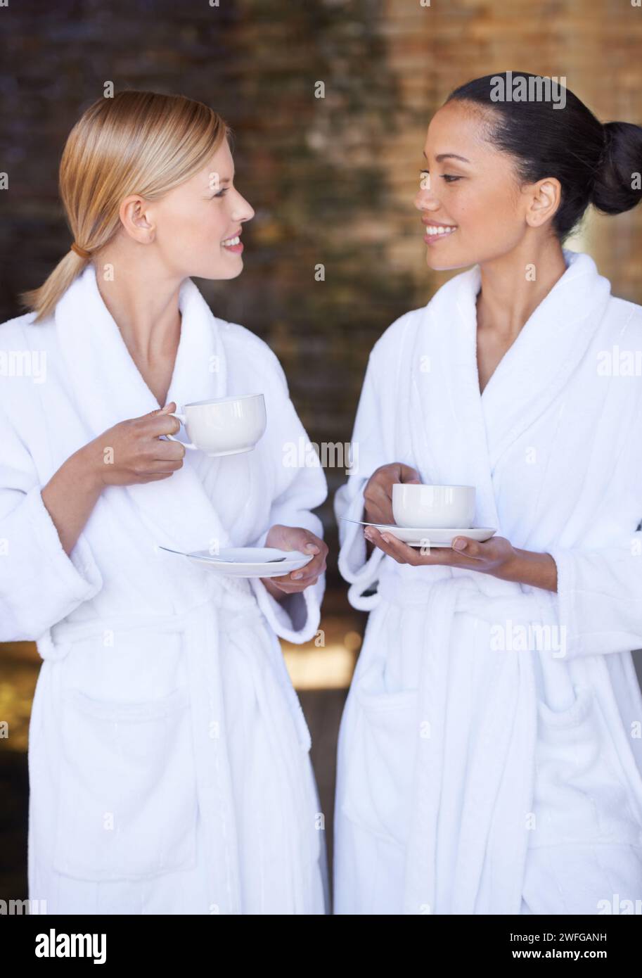 Spa, friends and women drinking coffee for health, wellness and luxury ...
