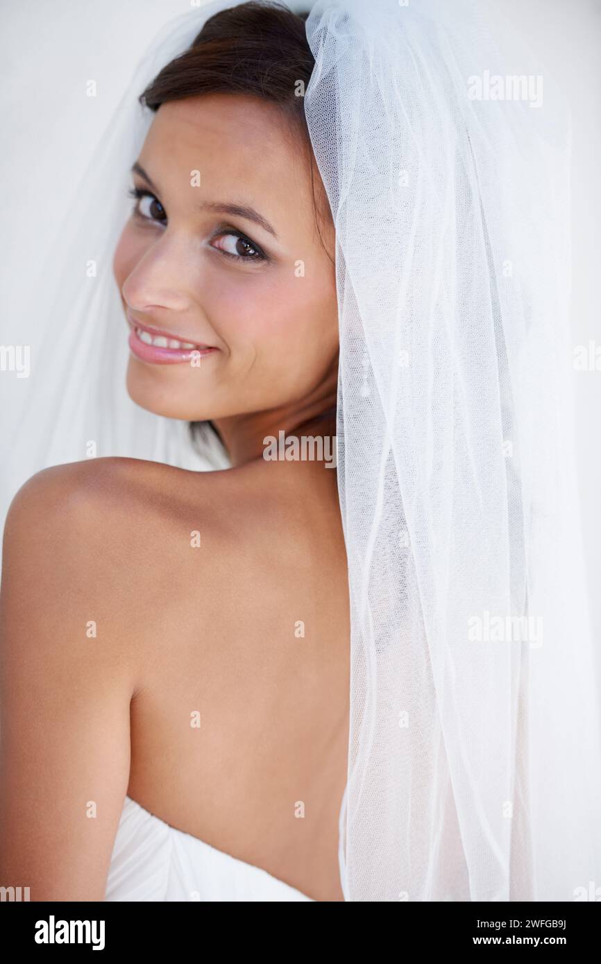 Wedding, bride and portrait with veil, makeup and fashion for ...