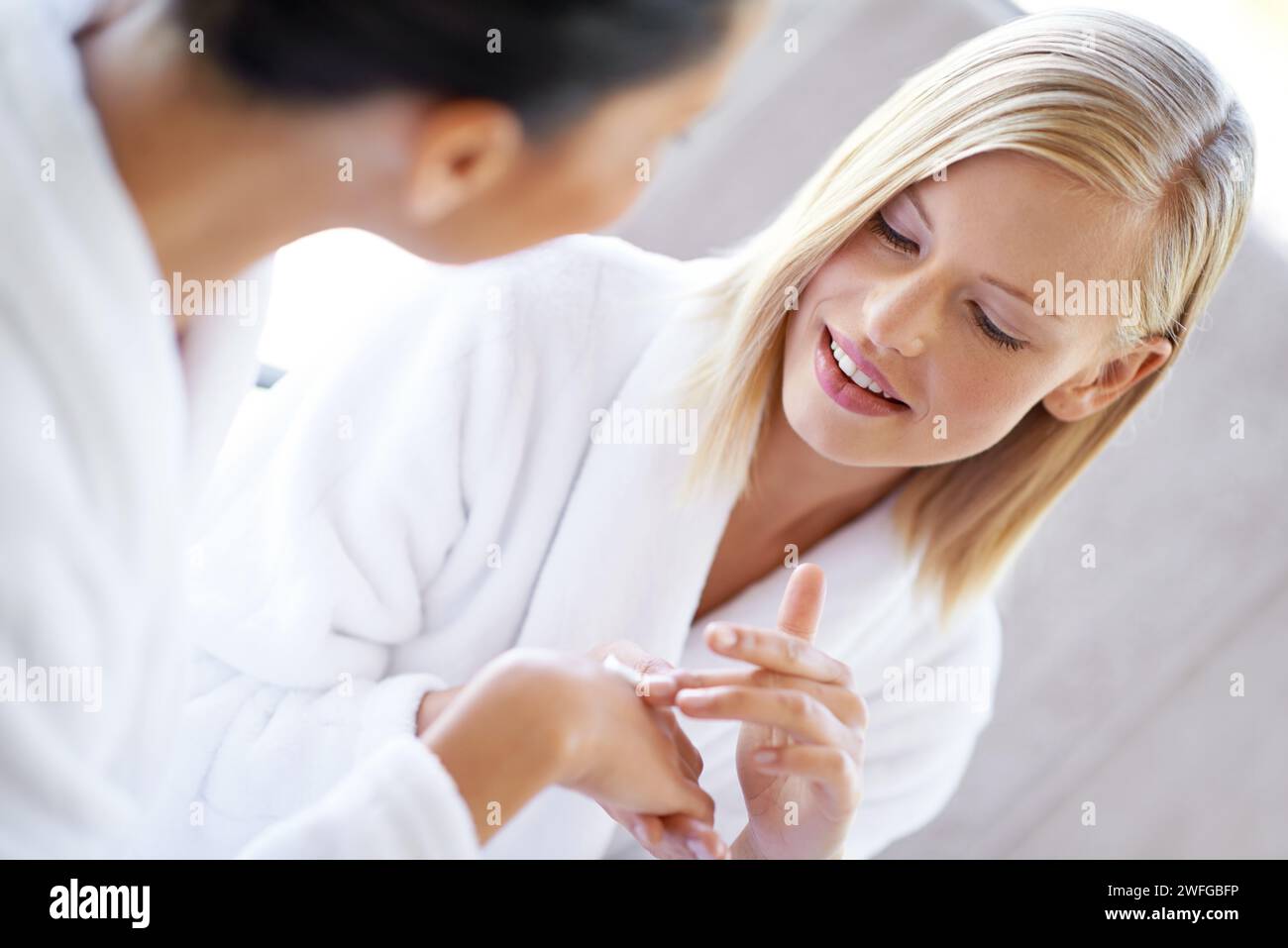 Friends, hand cream and skincare in spa for beauty, manicure and health ...