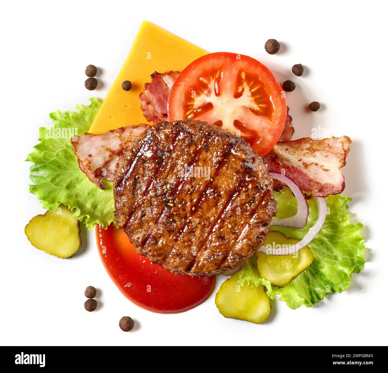 various food ingredients for making burger isolated on white background ...