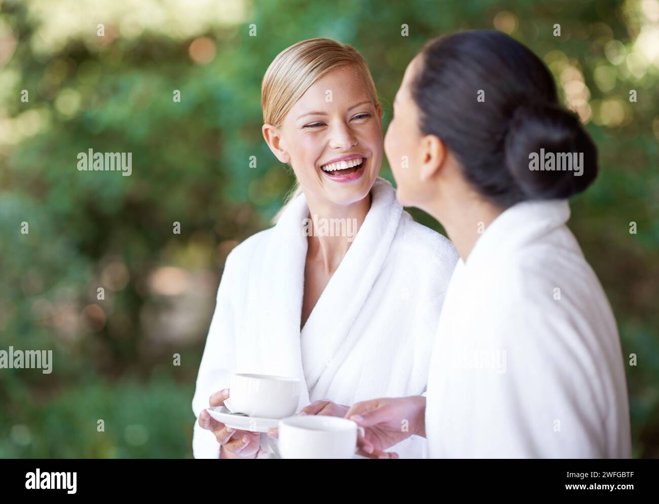 Spa, friends and happy women drinking coffee for health, wellness and ...