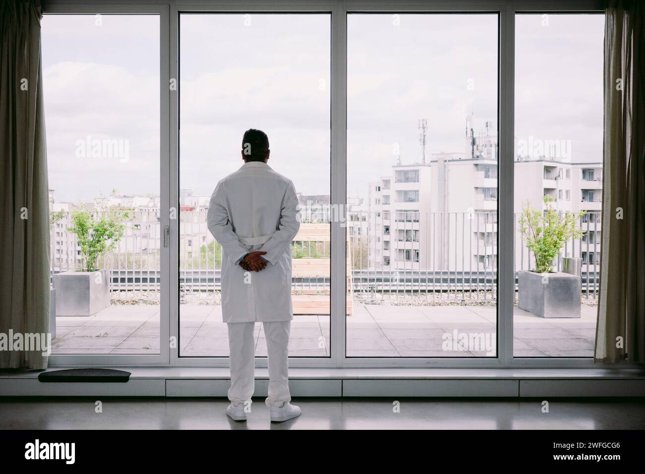 Full length rear view of doctor with hands behind back looking out ...