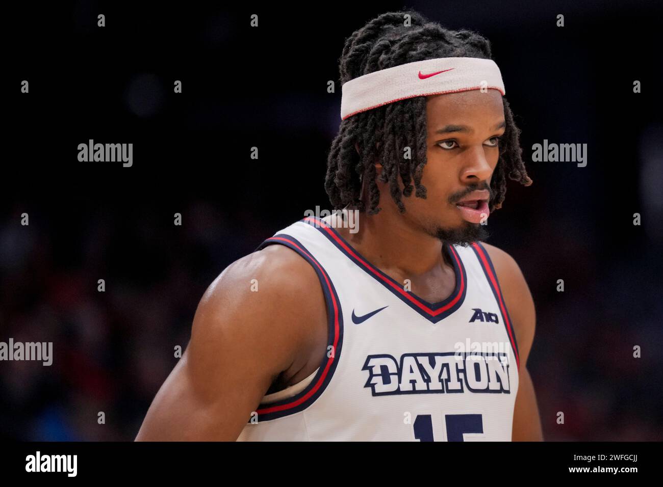 Dayton forward DaRon Holmes II (15) stands on the court during an NCAA ...