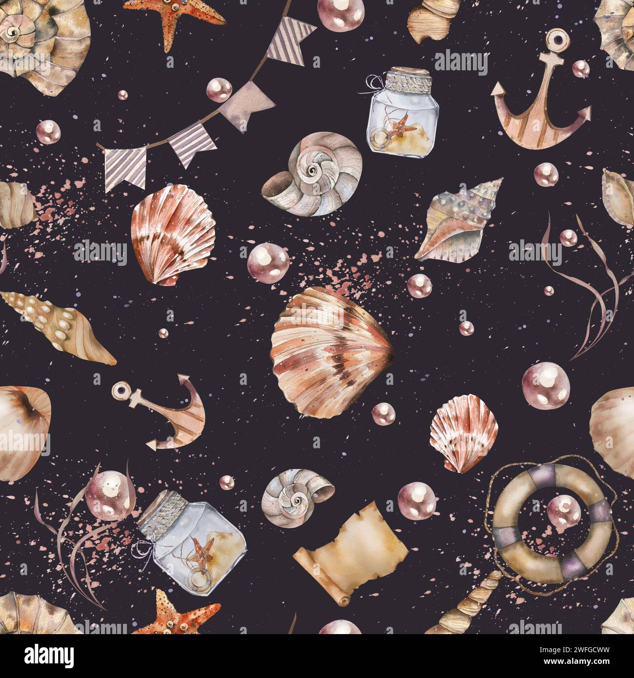 shells, corals, starfish, algae, anchor, map, lifebuoy, flags, pearls ...