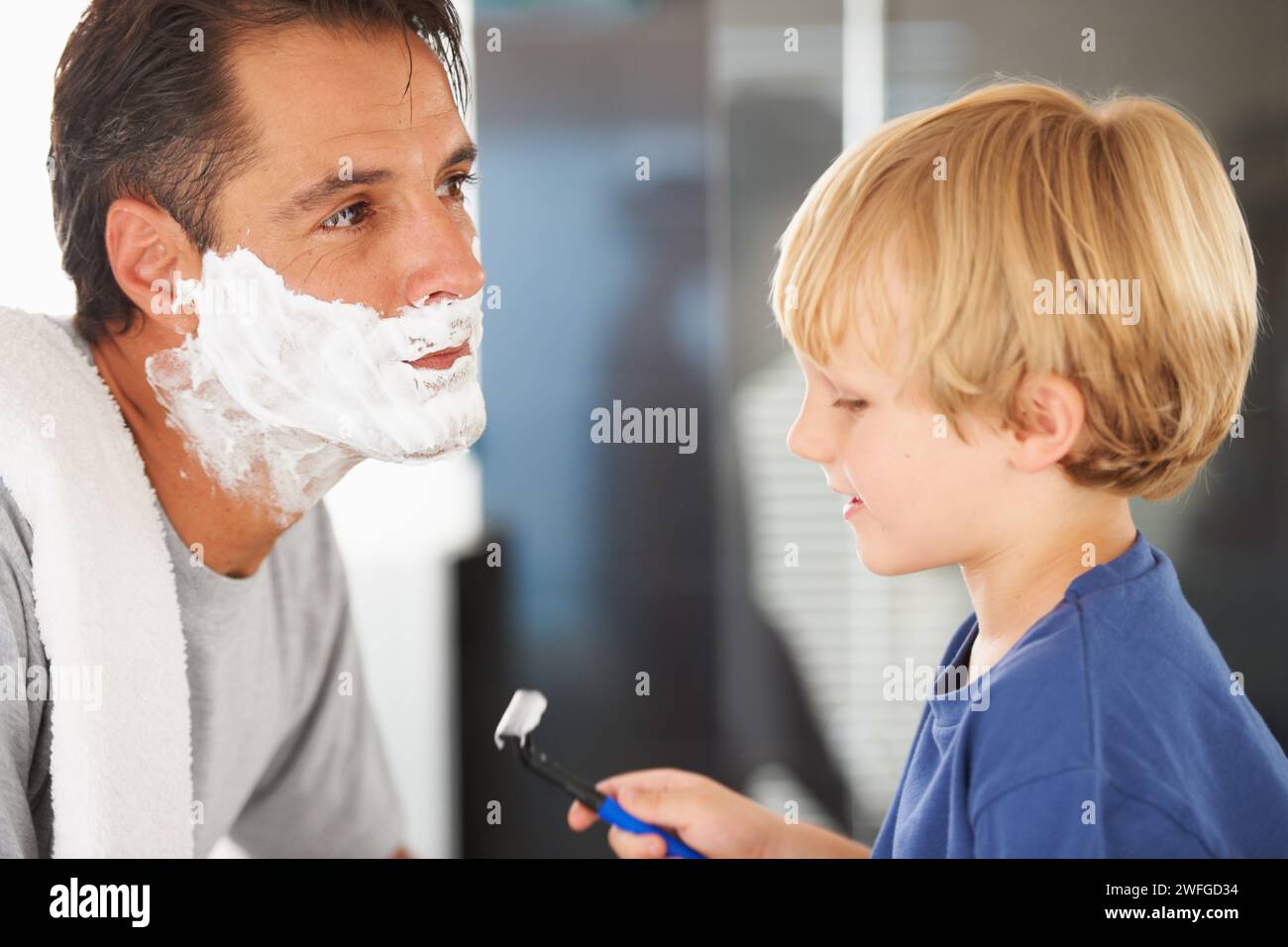 Help with shaving, father and child with cream on face, smile and ...