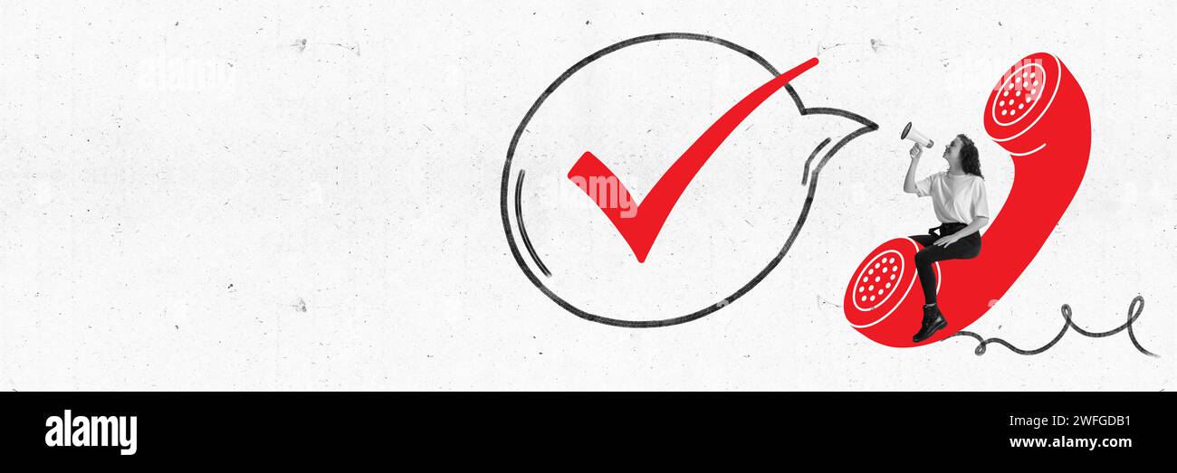 Banner. Contemporary art collage. Girl sits on huge red phone and ...