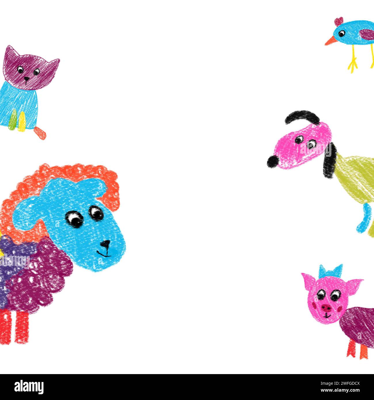 Hand-drawn children's pet animals on a white background. Sheep, dog ...